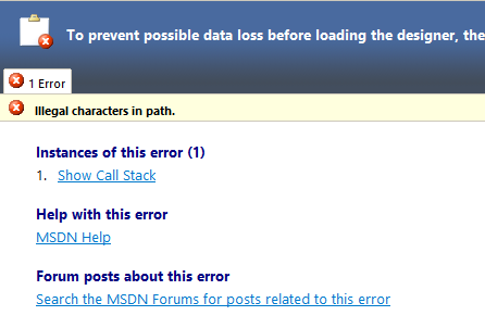 How can I fix the Form Designer error "Illegal characters in path ...