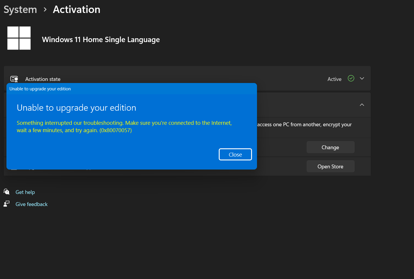 Windows 11 Home Single Language to Pro activation error msg 0x80070057 ...
