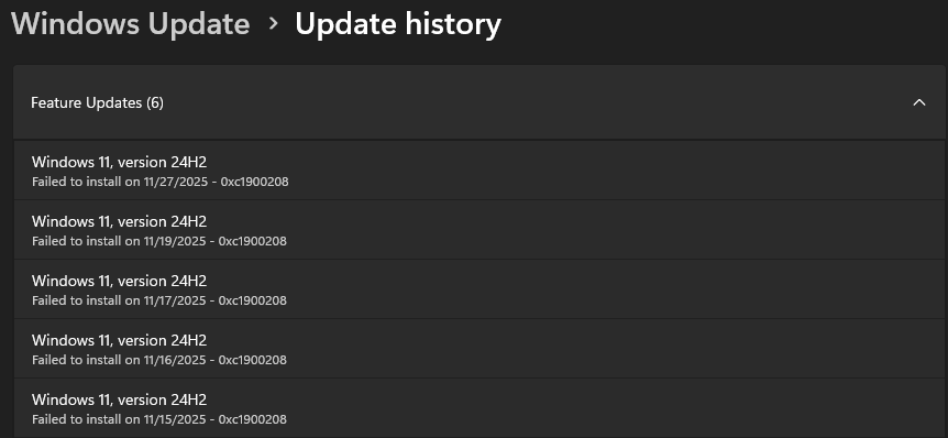 Windows 11, version 24H2 failed to install. Error code 0xc1900208 ...