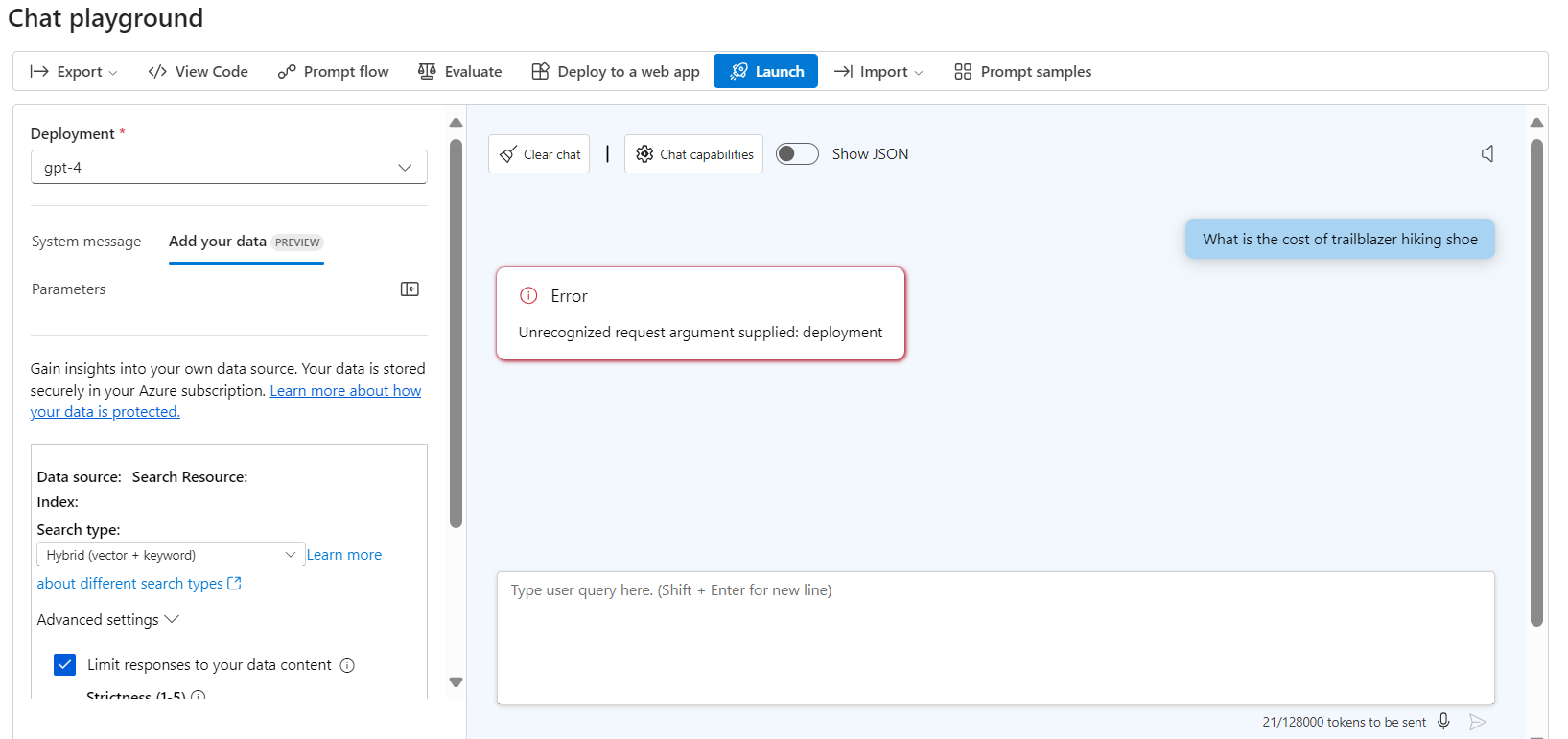 Azure AI Studio Add you own data: Error Encountered: "Unrecognized request argument supplied ...