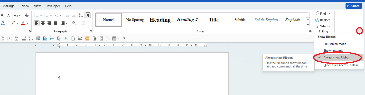 WORD Making the ribbon visible all the time icon has disappered ...