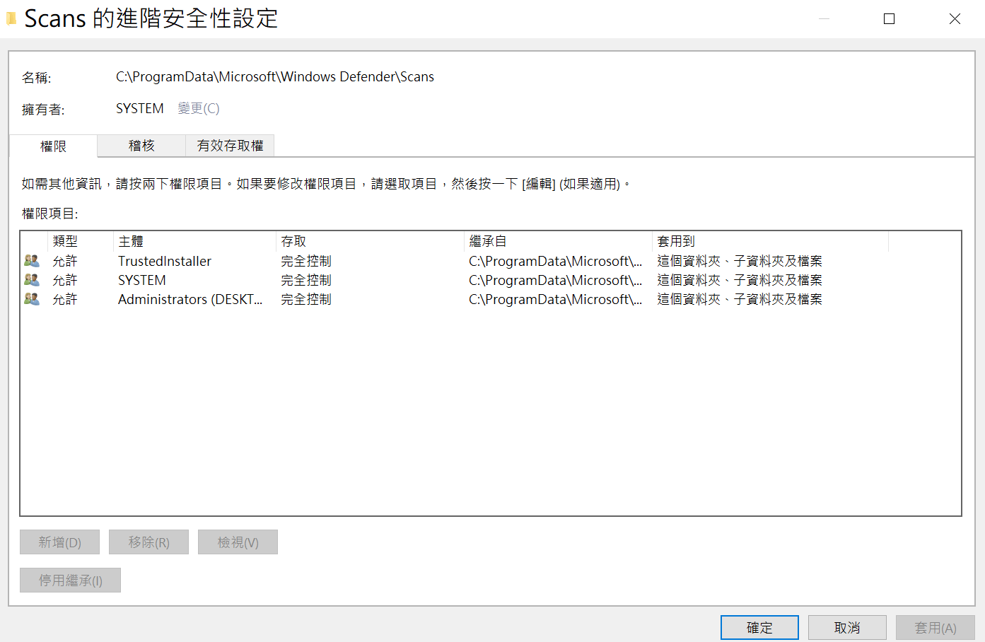 您好，請為如何訪問C:\ProgramData\Microsoft\Windows Defender\Scans資料夾 ...