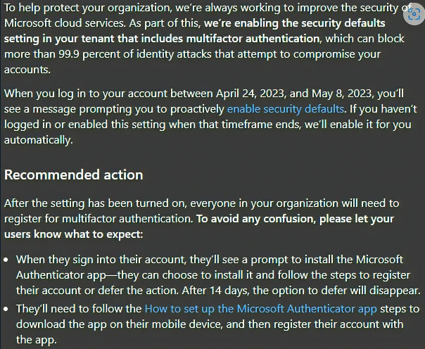 enabling the security defaults setting in your tenant that includes ...