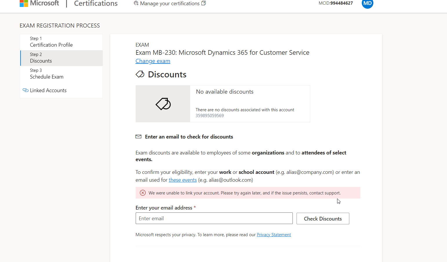 Can not link my personal account to my organization account to obtain a ...