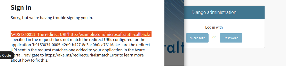 ¿Cómo puedo arreglar el error de AADSTS50011: The redirect URI 'http://example.com/microsoft ...