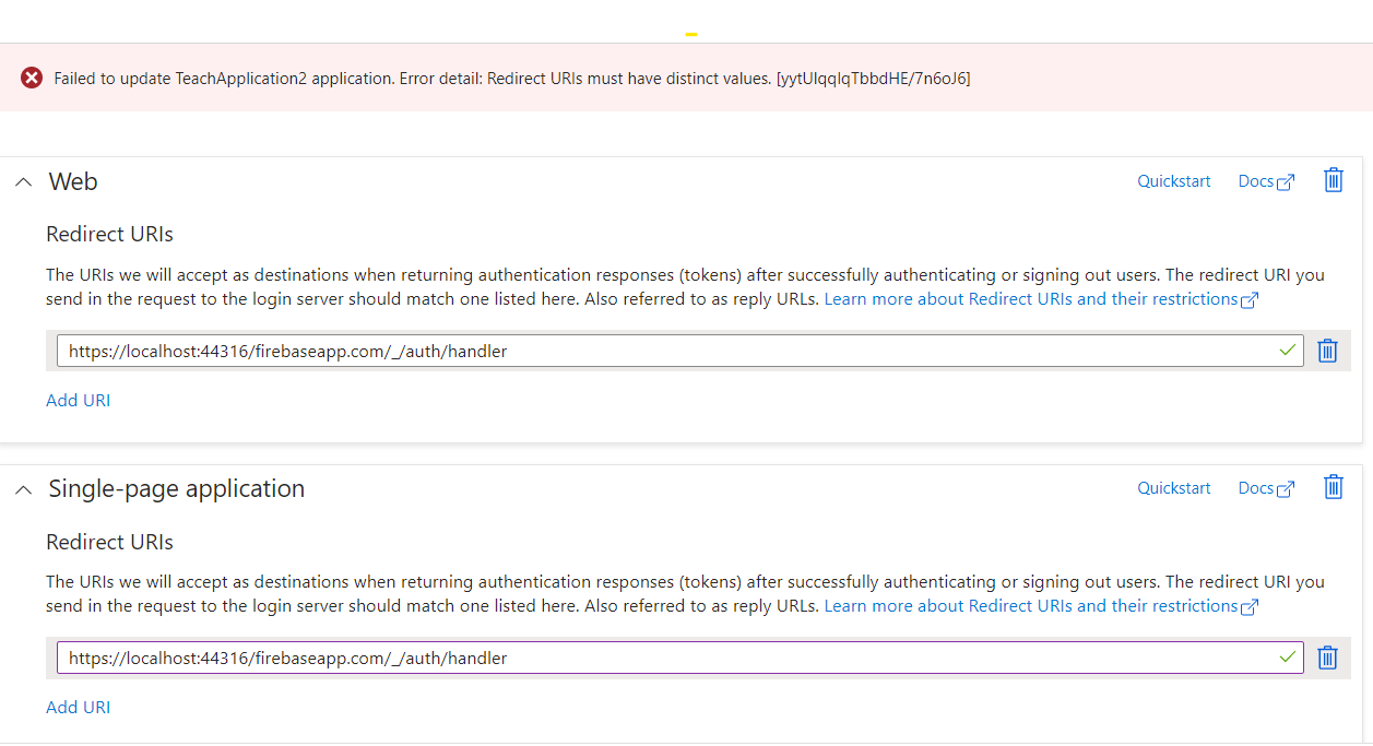 Error detail: Redirect URIs must have distinct values. [Xo6uDNpOQR3TmHrptcV6A1] - Microsoft Q&A