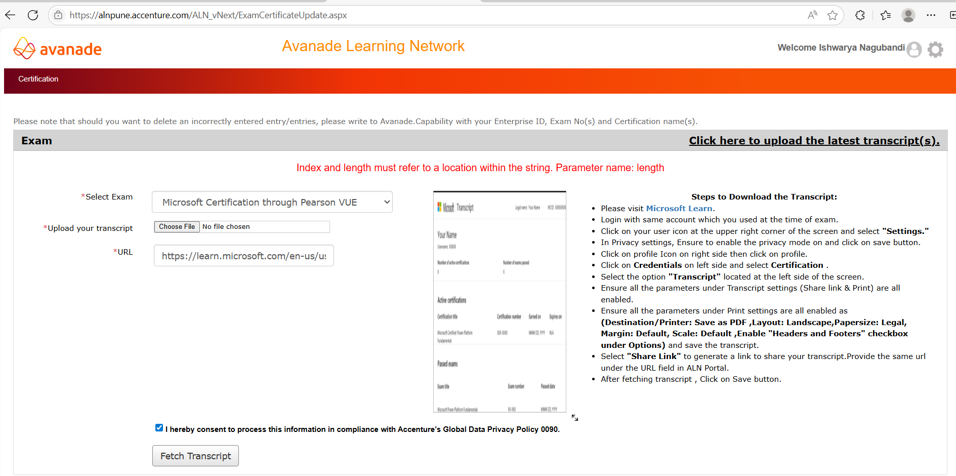 Facing issue while trying to upload the transcript : Index and length must refer to a location ...