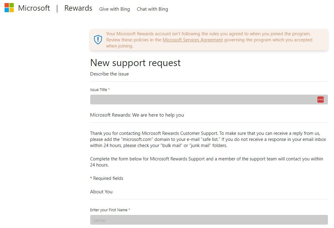 Unable To Fill Out Rewards Support Form - Microsoft Q&A