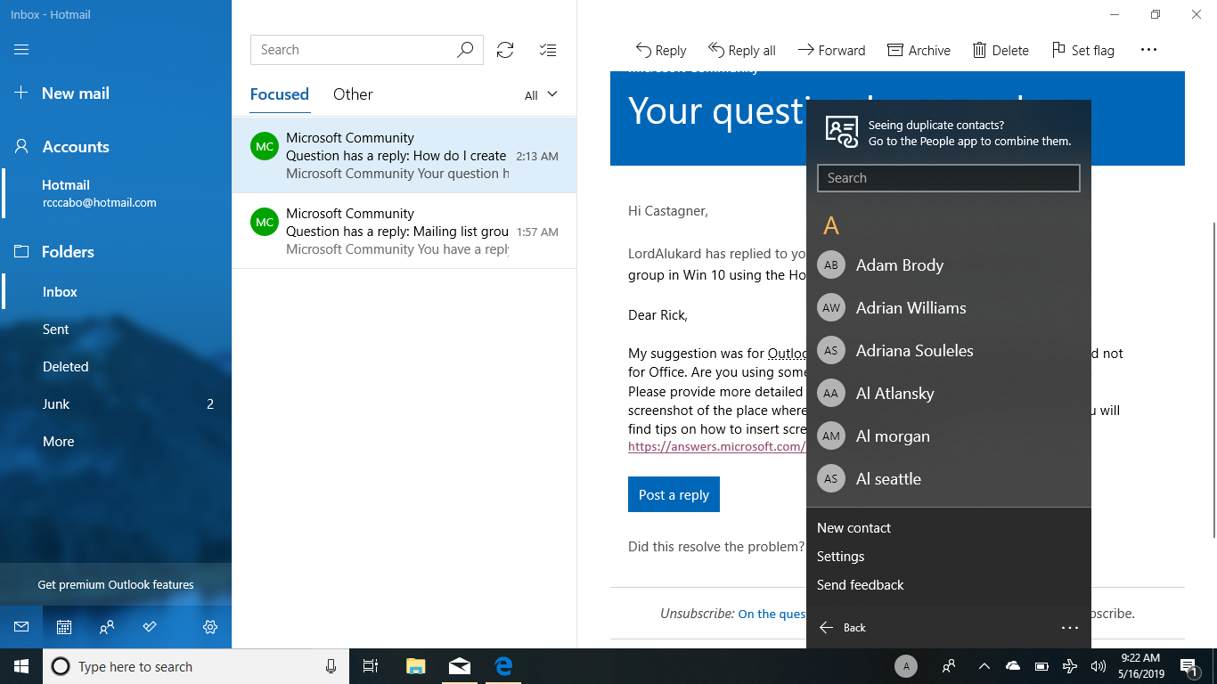 How do I create a Hotmail contacts group in Win 10 using the Hotmail ...