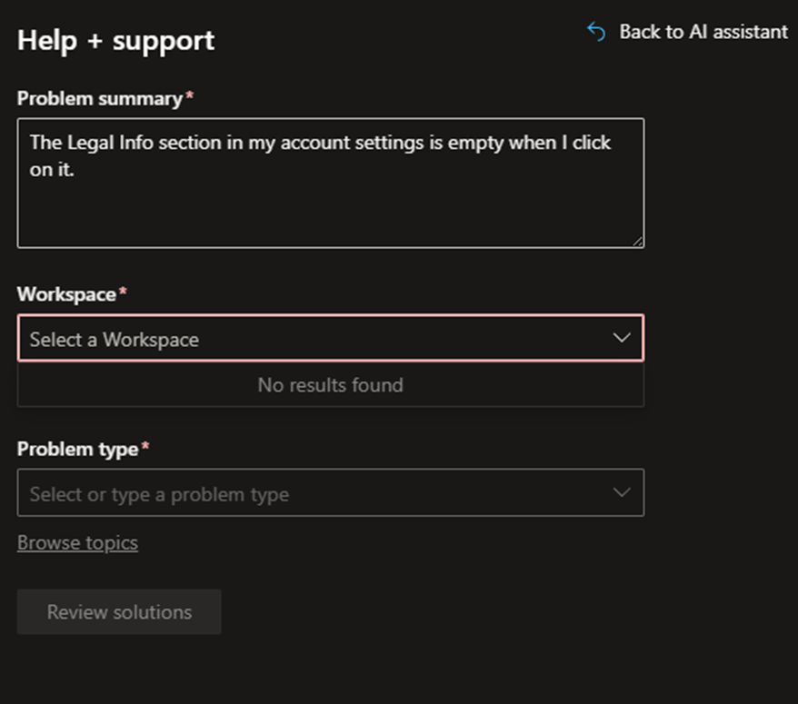 The Legal Info section in my account settings is empty when I click on ...