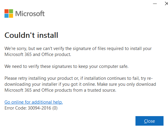 Me aparece el siguiente error al intentar instalar el office 30094-2016 (0) - Microsoft Q&A
