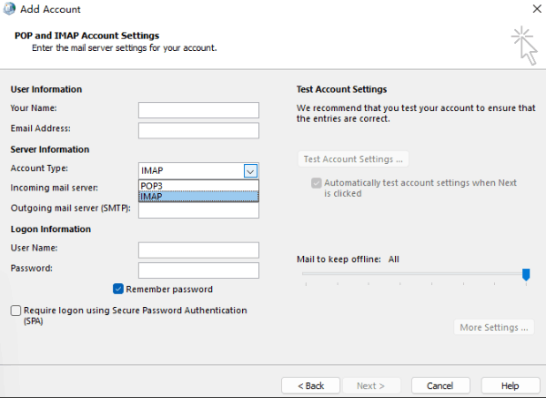 how do i change outlook settings from pop to imap or smtp - Microsoft Q&A