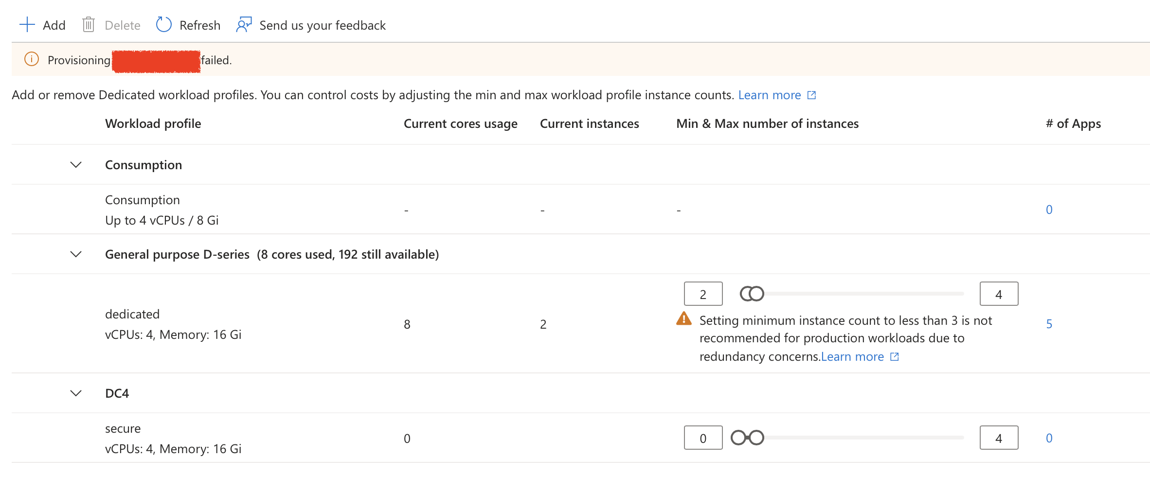 Can't add DC4 workload profile in Azure Container Apps - Microsoft Q&A