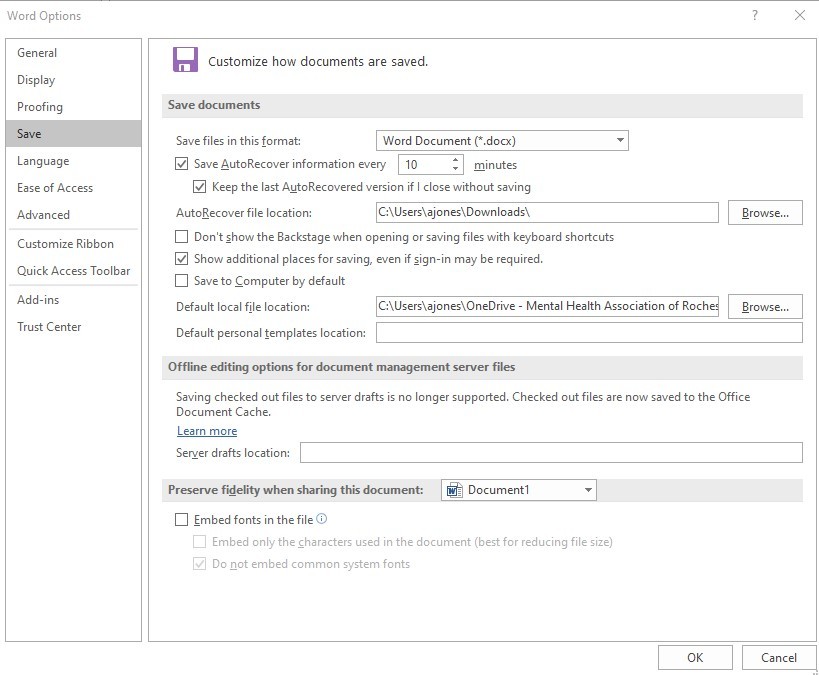 Server Drafts Location is blank and won't let me change other Word Options - Microsoft Q&A