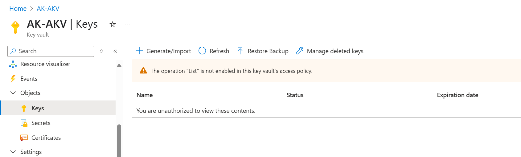 Azure Key Vault Access Permissions to view the Key vaults keys to check ...