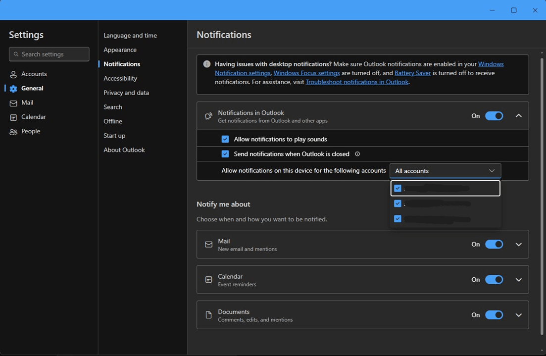 Notification problem in the new Outlook for Windows for multiple ...