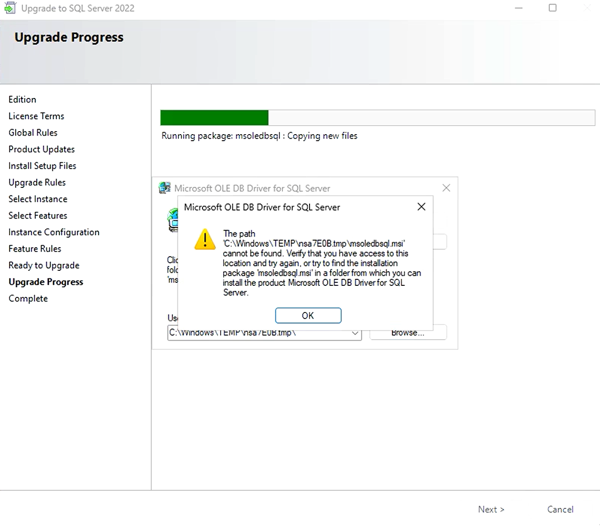 Upgrade SQL 2017 to SQL 2022 Can't find: msoledbsql.msi - Microsoft Q&A