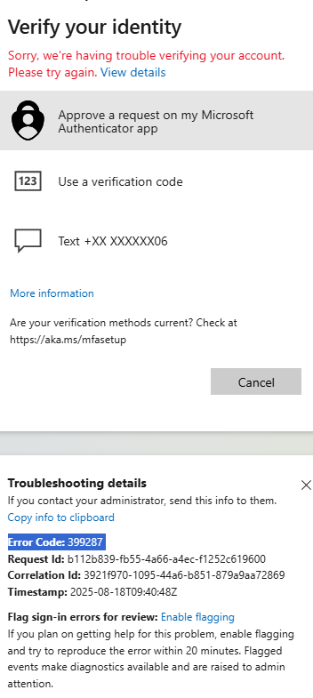 Locked out of Global Admin – Lost Authenticator app Access, SMS verification fails (Error 399287 ...