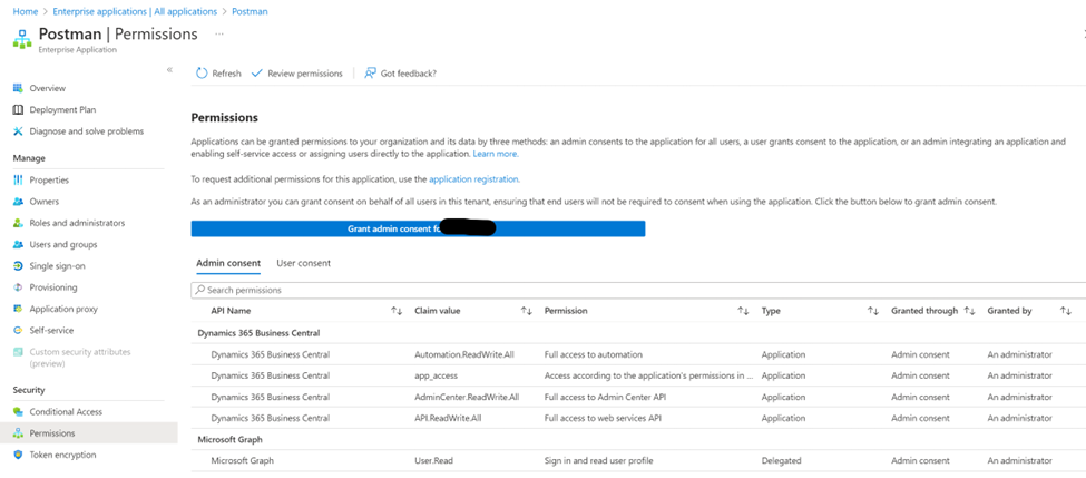 How to authorize user via Admin Consent for a user trying to gain access to Business Central via ...