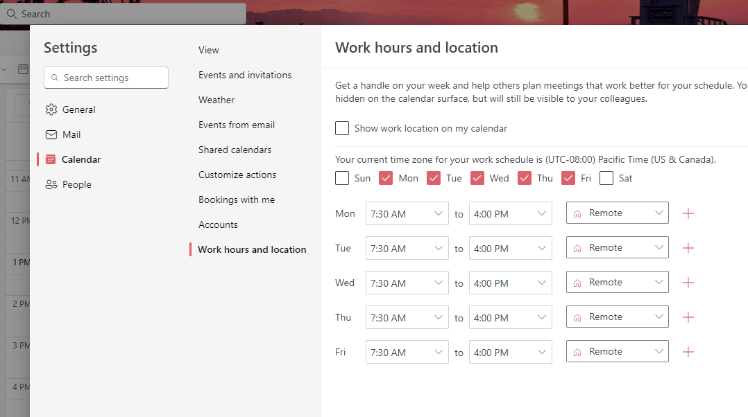 For a published calendar, the non-working hours are not greyed out at ...