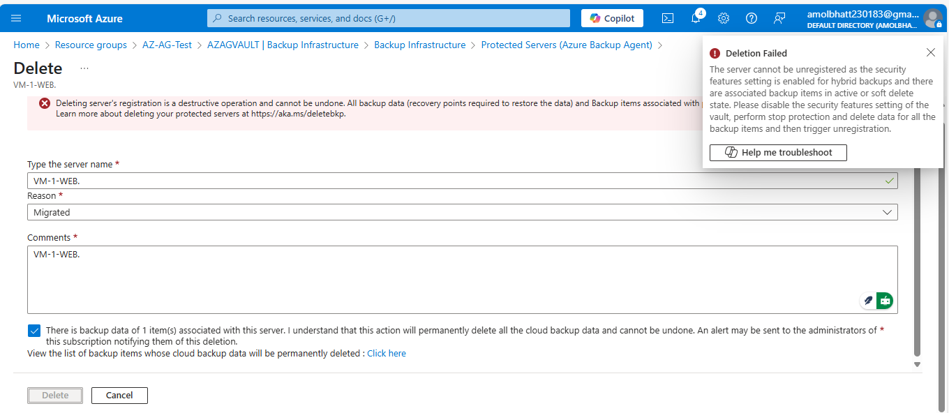 I am unable to delete Recovery Service Vault. Vault cannot be deleted due to items in soft ...