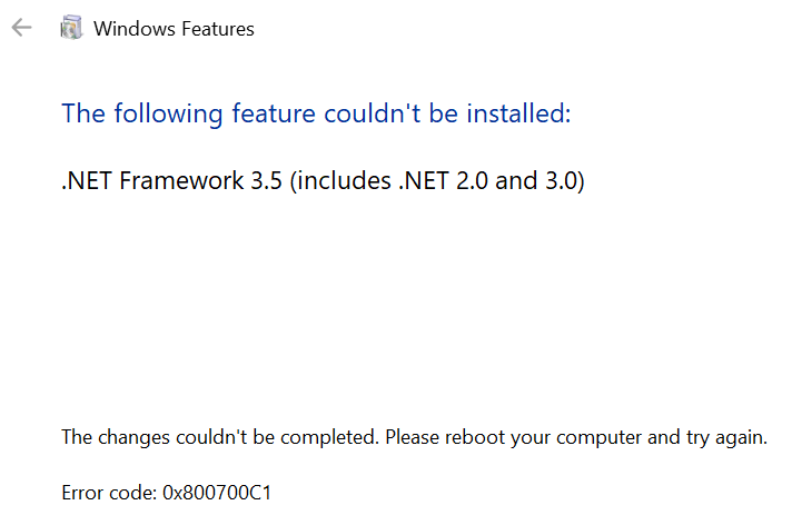 Unable to enable .Net Framework 3.5 with error 0x800700C1 - Microsoft Q&A