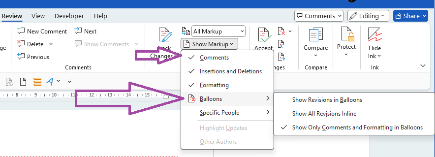 'show comments' greyed out in 'all markup'. - Microsoft Q&A
