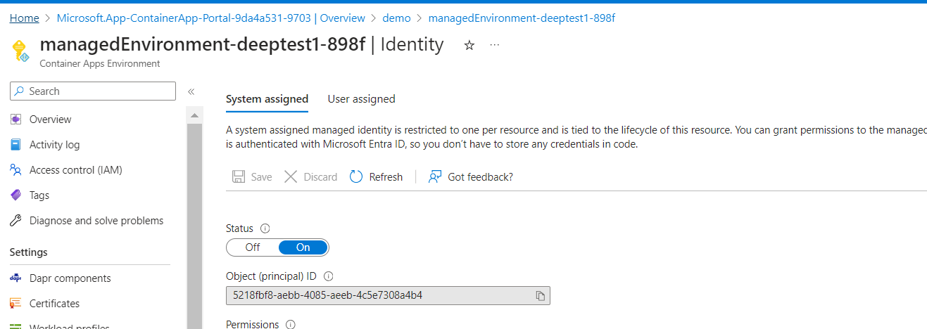 Unable to Turn-On System Assigned Identity on a Container App - Microsoft Q&A