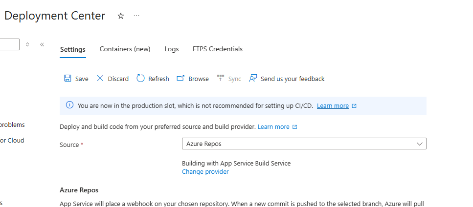 Getting error while trying to setup Deployment using Deployment Center ...