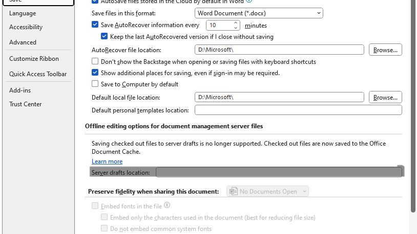 It says ''The server drafts location you entered for offline editing is not valid or you do not ...
