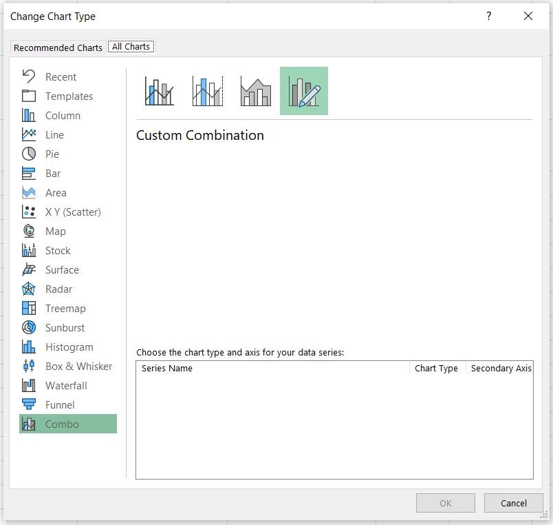 Excel (Microsoft 365) not letting me change the chart type of series on combined chart ...