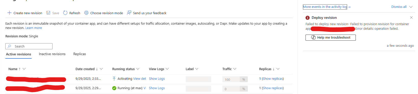 Failed to deploy new revision- Failed to provision revision for container app - Microsoft Q&A