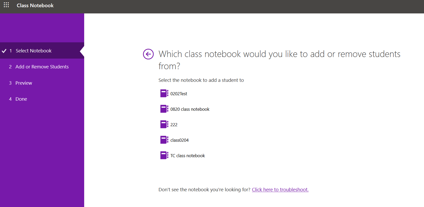 add students to a class notebook that has already been set up ...