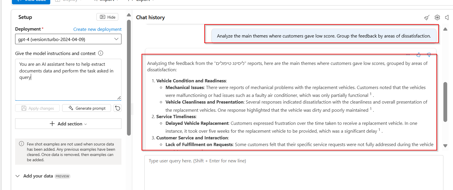 Azure RAG fails to analyze full 10K feedback dataset—often returns "No ...