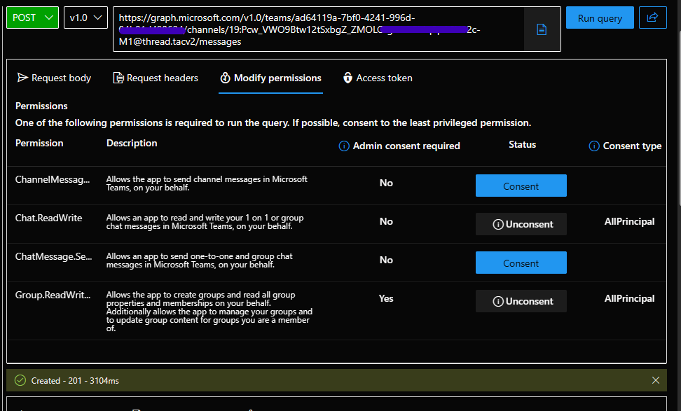 Unable to Post message to teams channel using graph API - Microsoft Q&A