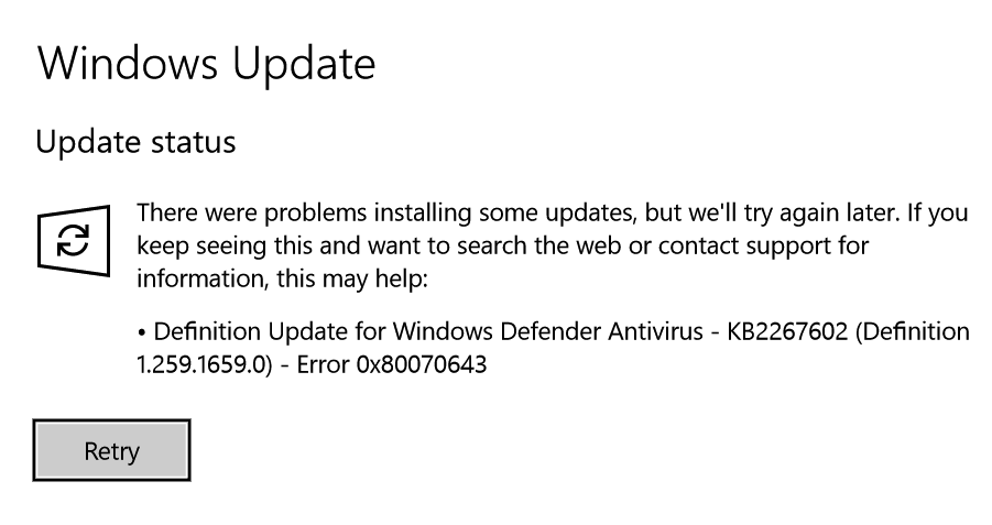 Definition Update for Windows Defender Antivirus - KB2267602 fails ...