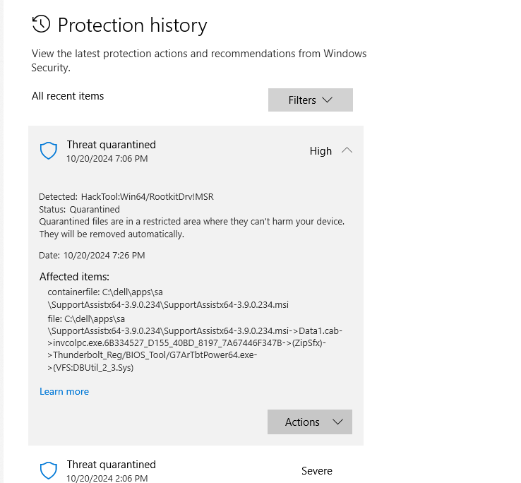 Security alerts found doing a full systems scans using Windows Defender ...