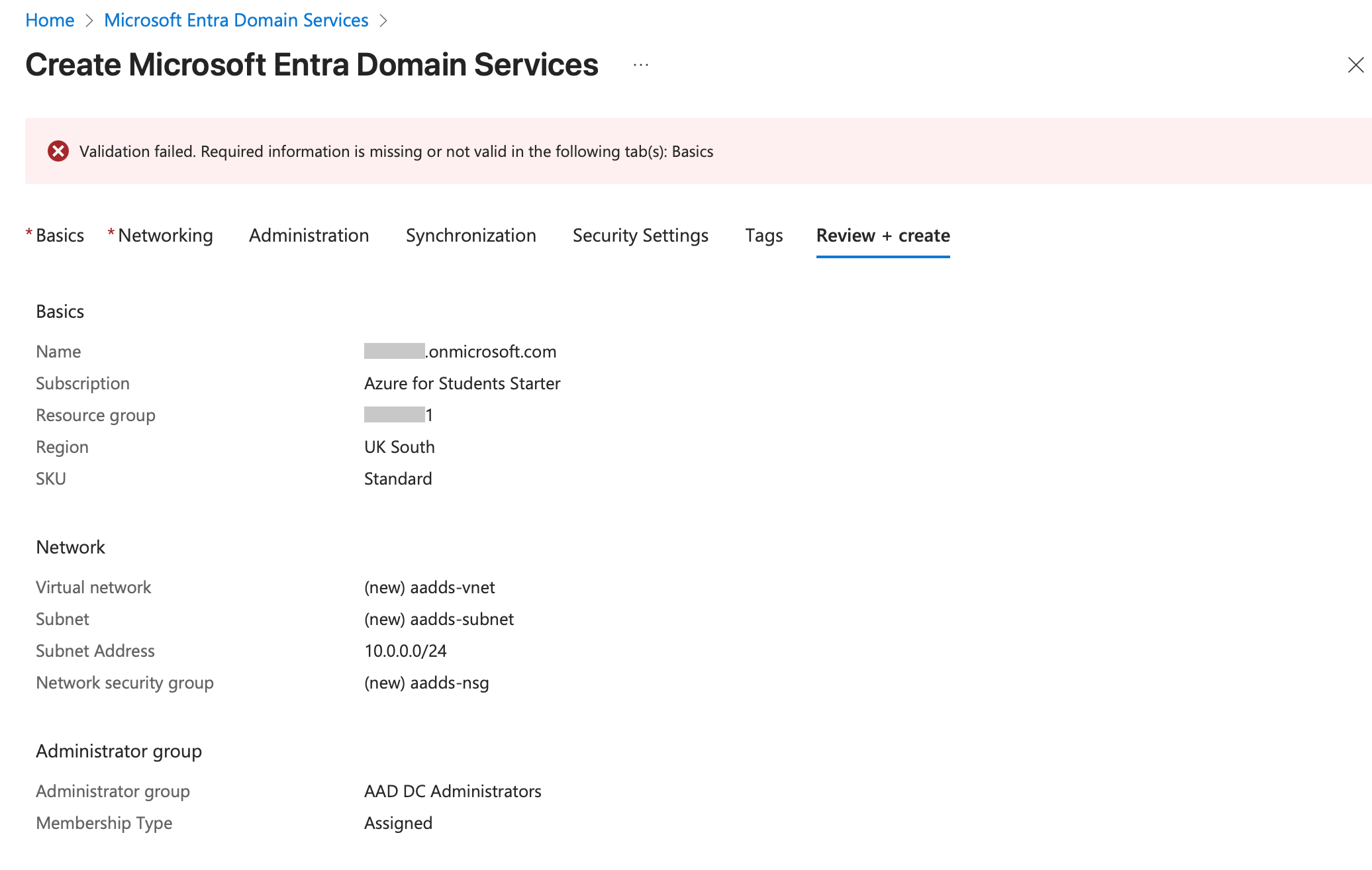 Microsoft Entra ID Domain service creation fails - Microsoft Q&A