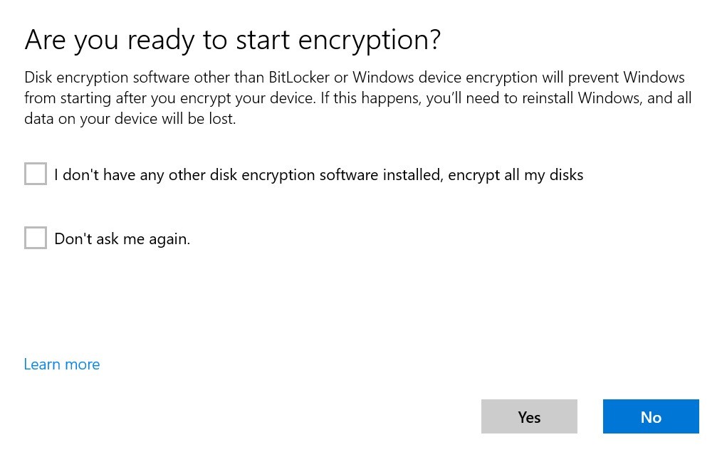 Bitlocker prompt "Are you ready to start encryption?" - Microsoft Q&A