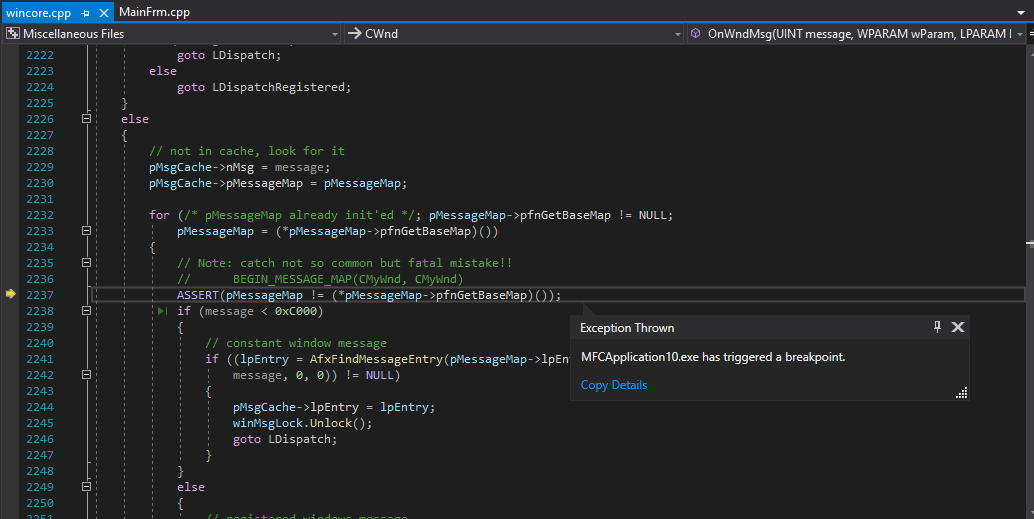 ASSERT(pMessageMap != (*pMessageMap->pfnGetBaseMap)()) assert fails - Microsoft Q&A