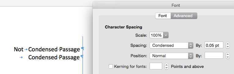 condensed character spacing word 2016: Can't condense below .5 pts ...