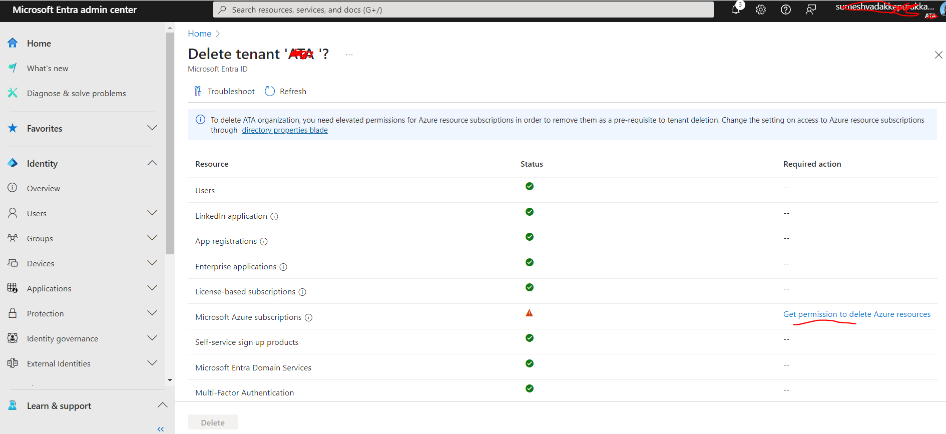 Get permission to delete Azure resources new page not working ...