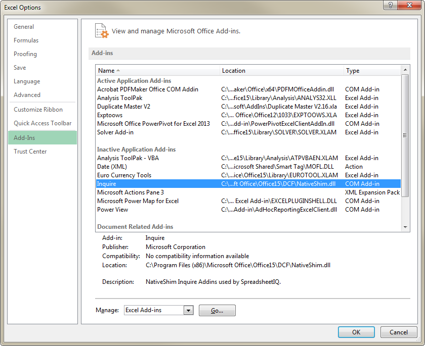 Microsoft Office 2013 x64: Excel Inquire Plugin. - Microsoft Q&A
