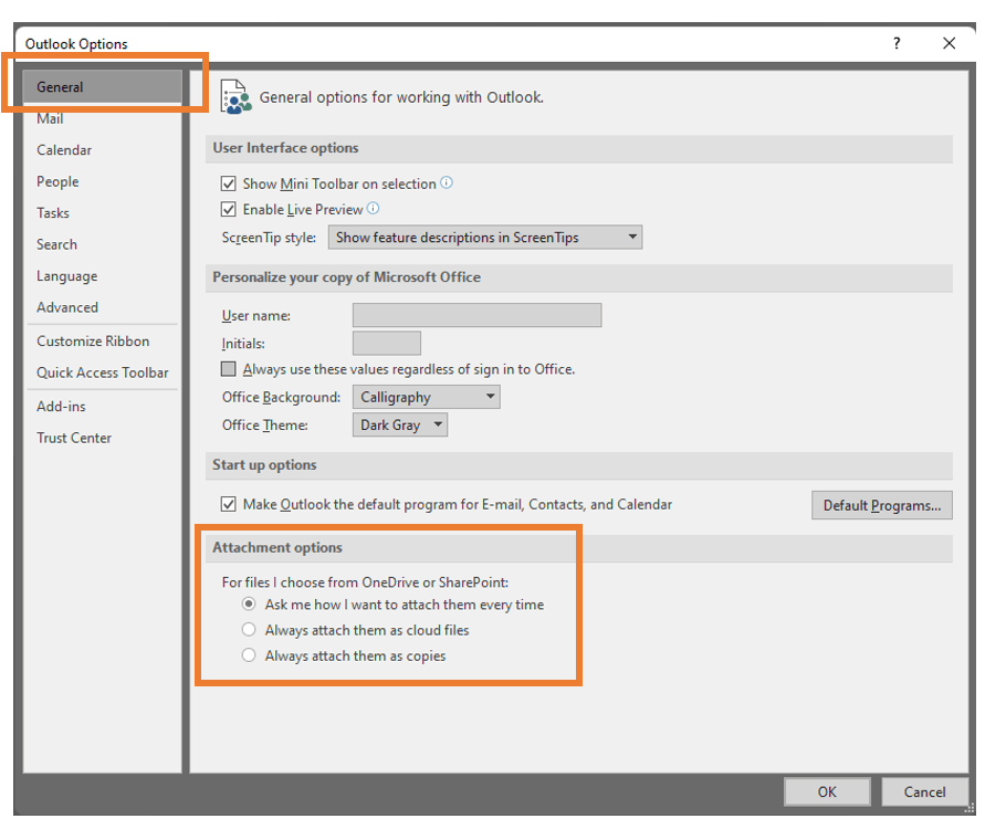 Recent items list is not showing anything when clicking on the Outlook 2016 icon for attaching ...