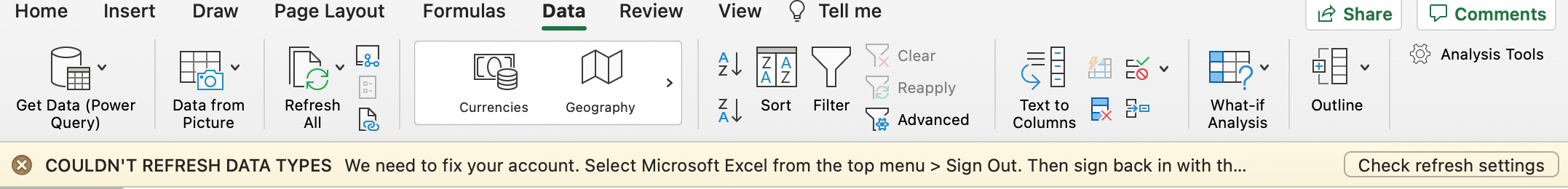 Excel Error: "Couldn't refresh data types. We need to fix your account ...