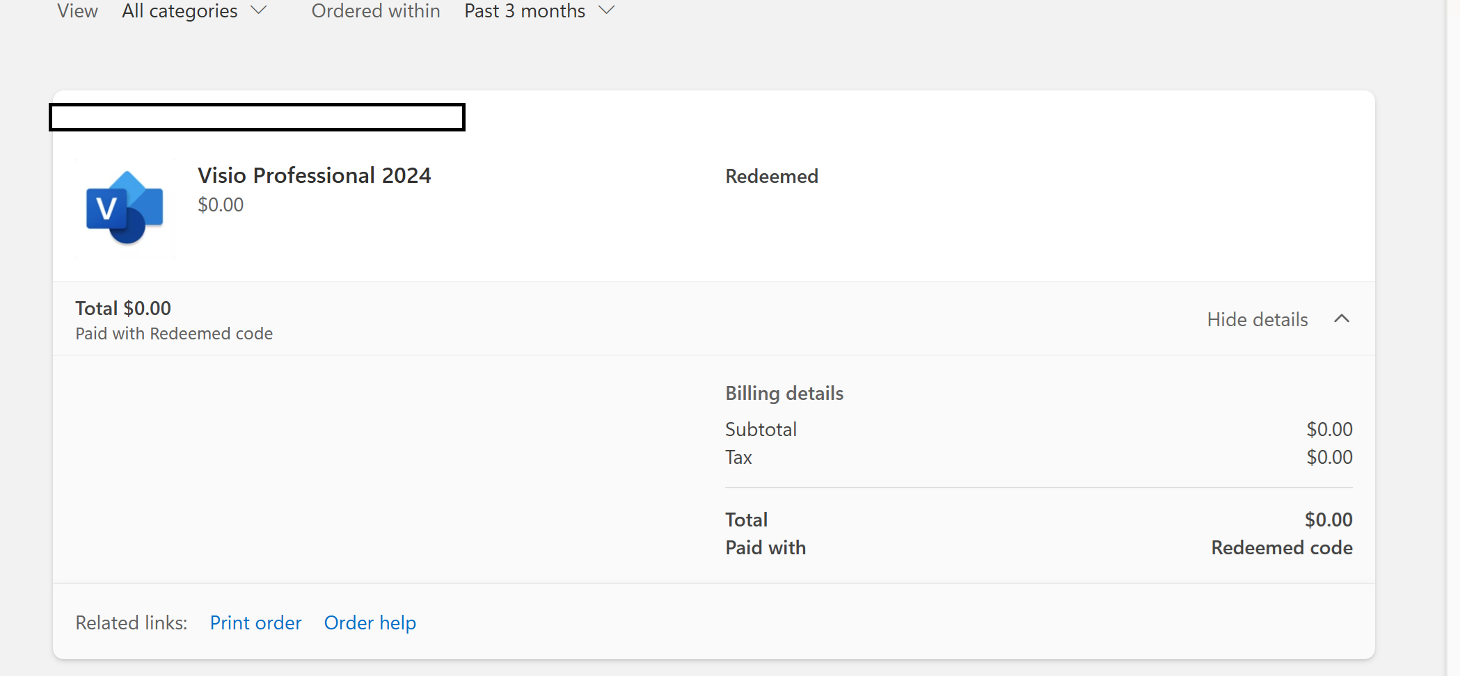 Visio Professional shows up in order history and in my windows store ...