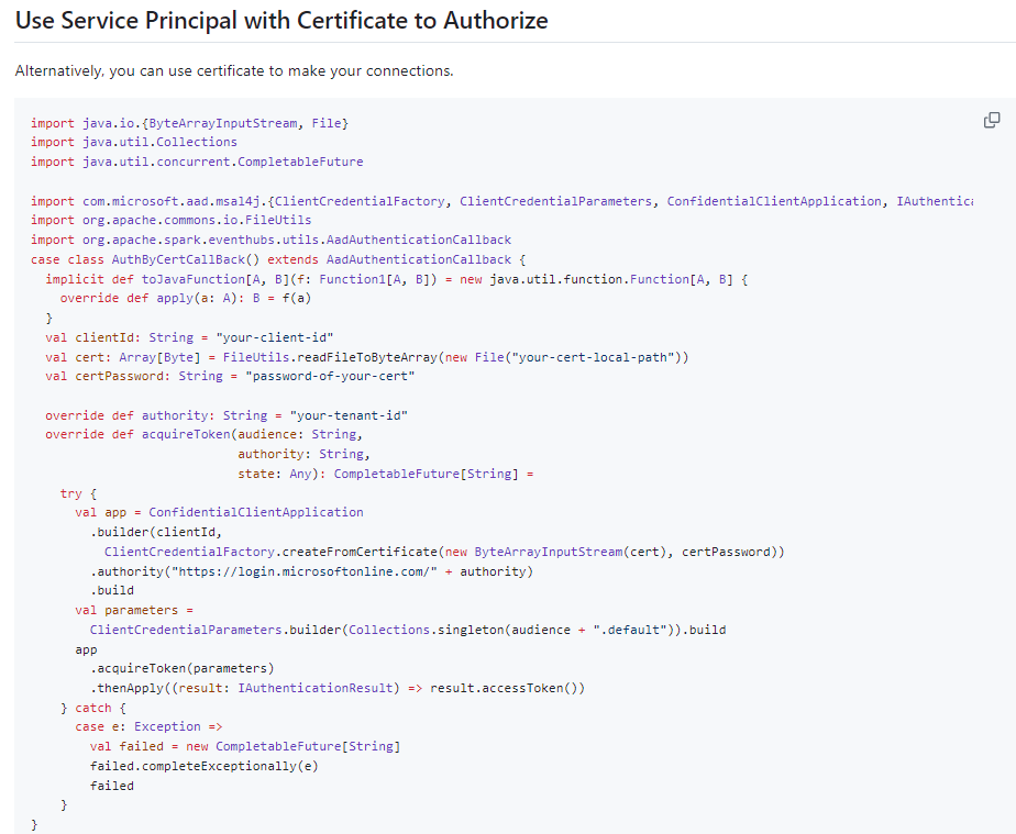 Guidance on how to use Service Principal with Certificate to Authorize for EventHub Stream Read ...
