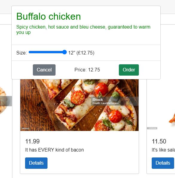 Child Component(ConfigurePizzaDialog) Buttons Click (Cancel and Order ...