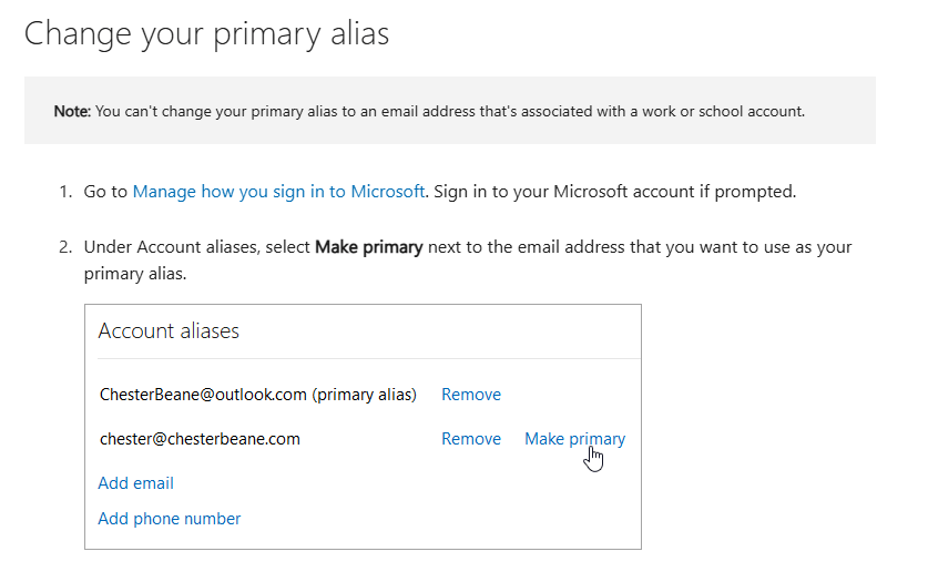 I want to change my microsoft primary email to another primary email ...