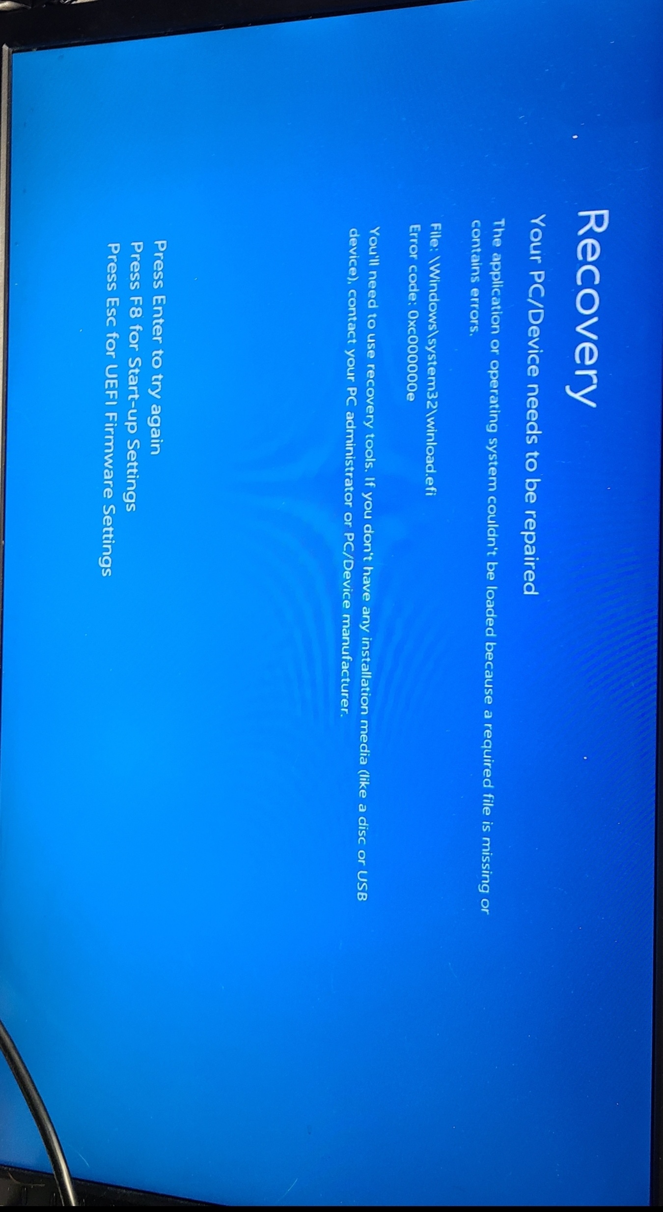 Windows 10 not booting, error code 0xc000000e - Microsoft Q&A